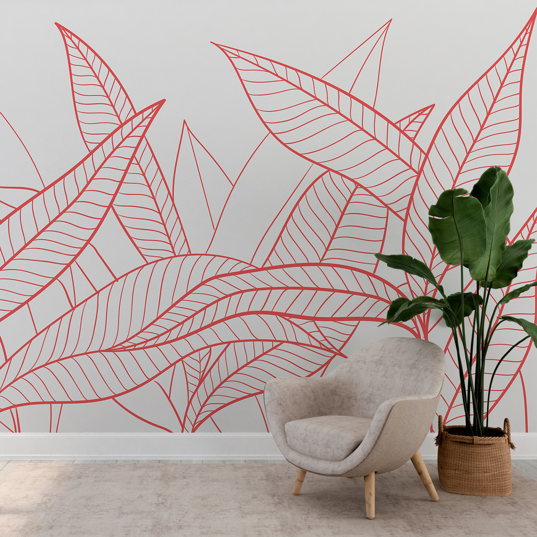 Papier peint Un dessin de feuilles au trait rouge : w00664 - Tapeko.fr