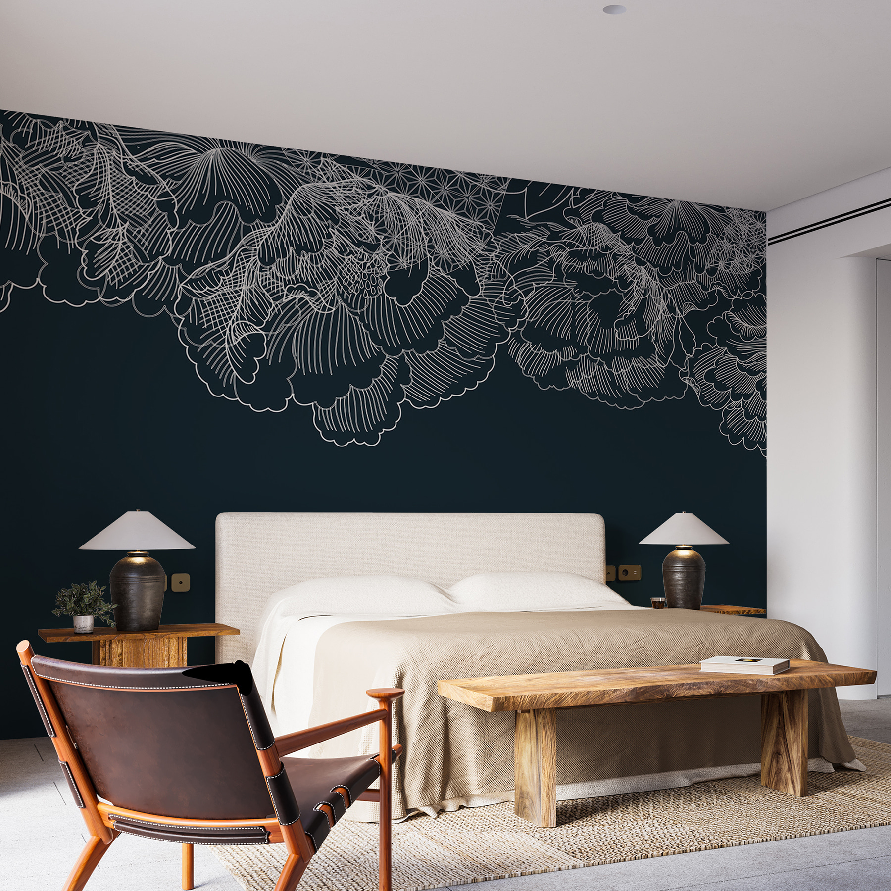 Papier peint Un dessin de fleurs au trait blanc : w01215v1 - Tapeko.fr