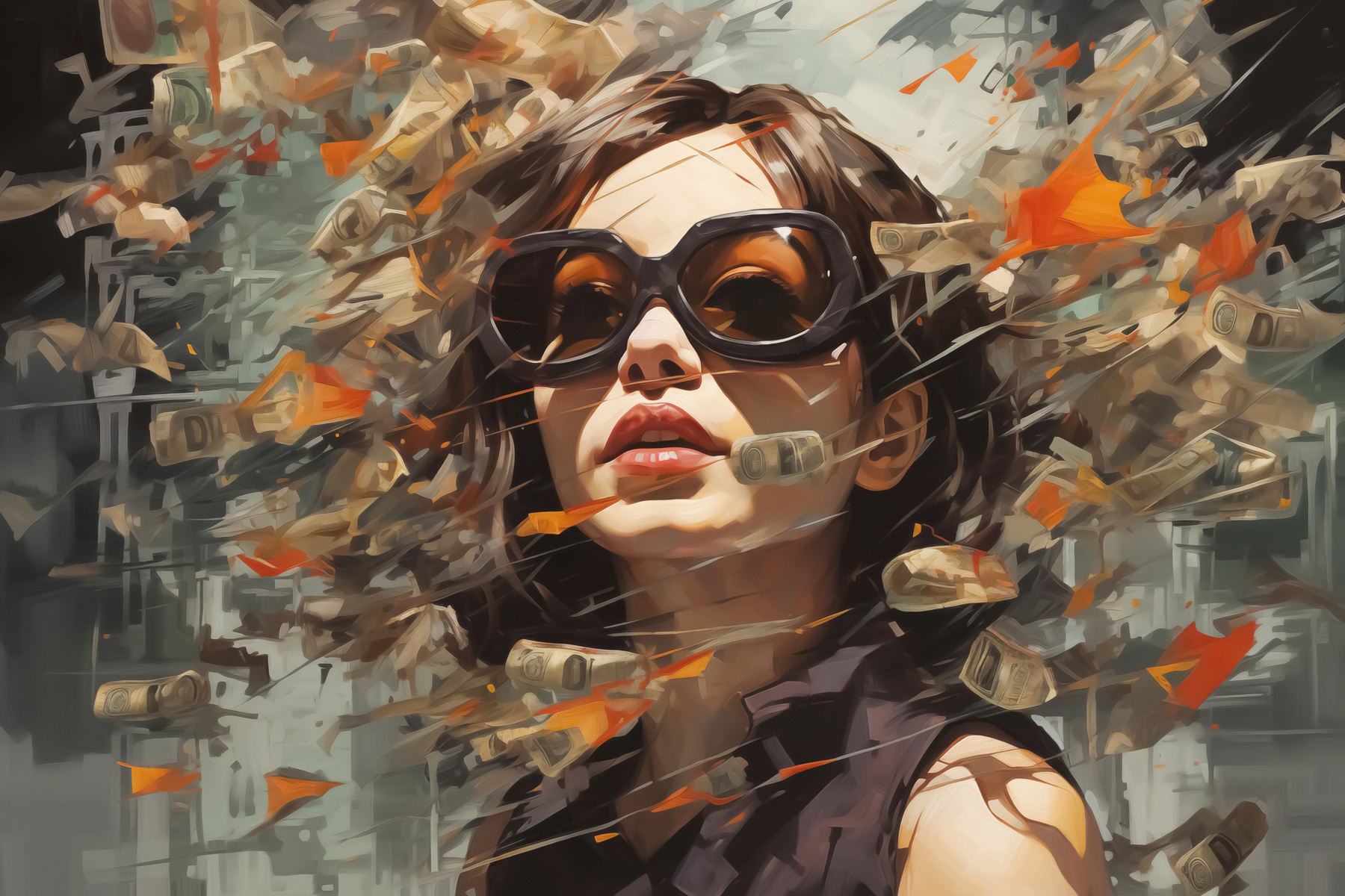 Tableaux Femme portant des lunettes de soleil et volant de l'argent ...